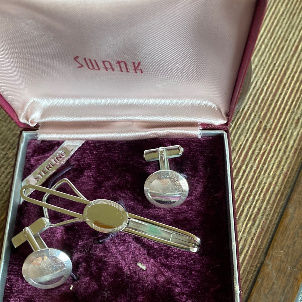 Vintage Swank Marked Sterling Silver Round Cuff Links… - Gem